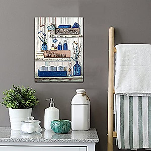 fengyuyi Bathroom Wall Art Canvas Prints Navy Blue Bathroom Sign Picture Stretched and Framed Ready to Hang for Bathroom Decor 12x16inch