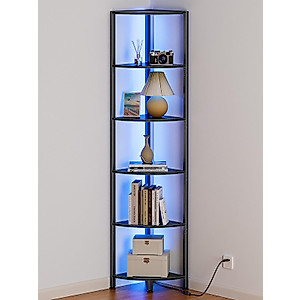 Furnulem 6 Tier Corner Shelf with LED Light, 67.5” Tall Standing Shelf Organizer, Black Narrow Bookshelf with Storage Rack for Wall Corner, Living Room, Bedroom, Metal Frame, Wood Display Shelf