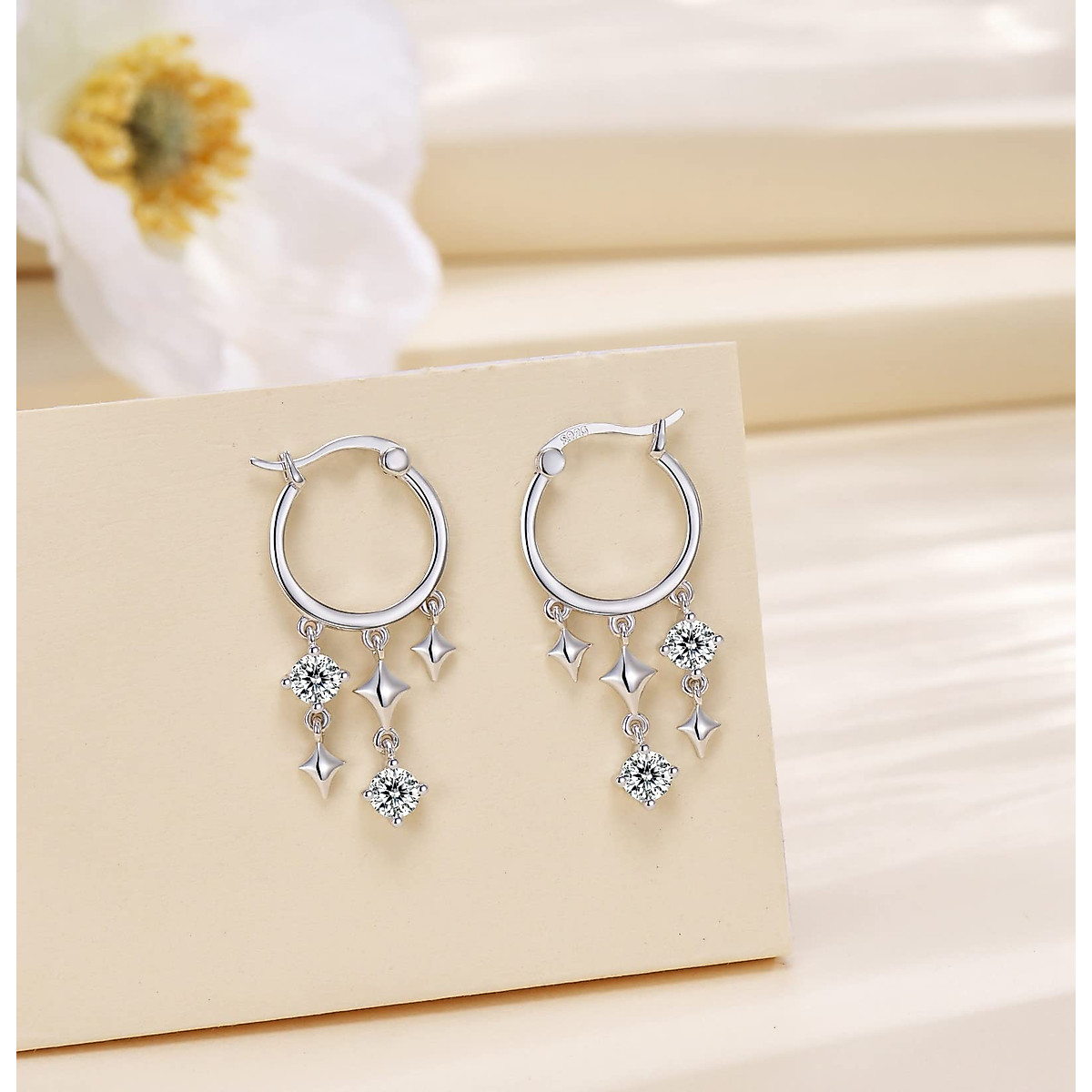 Tassel Stars Earrings 925 Sterling Silver Tassel Cubic Zirconia Dangle Drop Stud Earrings Wedding Fashion Jewelry for Women
