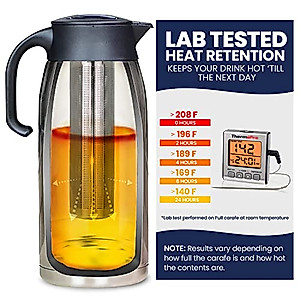 Coffee carafe & Tea carafe in one. 68oz 12hr heat retention ideal for coffee carafes for keeping hot, 24hr cold retention. Thermal Stainless Steel double walled insulated carafe. Infuser & Brush Incld