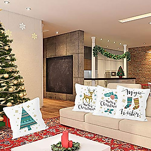 Scceatti Christmas Throw Pillow Covers 4 Pack 18x18 in Cotton Farmhouse Pillow Cover with Zipper Deer Reindeer Aesthetic Theme Fashion Pillow Cases Protector for Couch Bed Living Room Decor Gifts