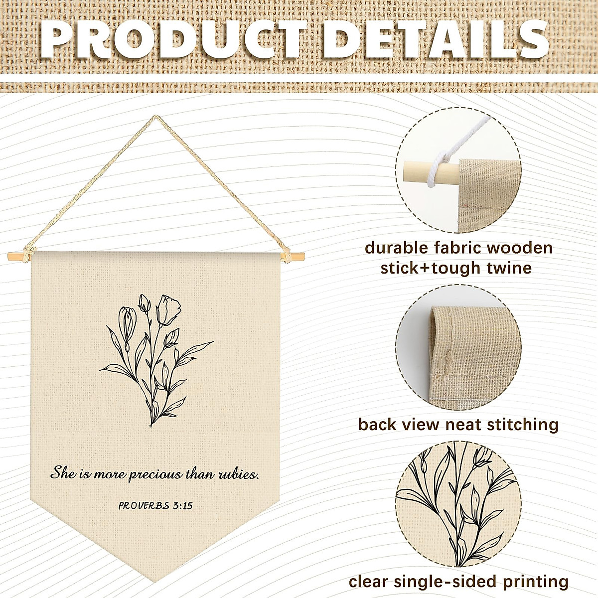 VitalCozy 3 Pcs Nursery Scripture Bible Verse Christian Botanical Decor Canvas Hanging Pennant Flag Banner Floral Wall Signs for Bedroom Playroom Front Door Kids Baby Boy Girl Birthday Christmas Gift