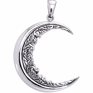Jewelry Trends Sterling Silver Large Floral Leaf Crescent Moon Pendant