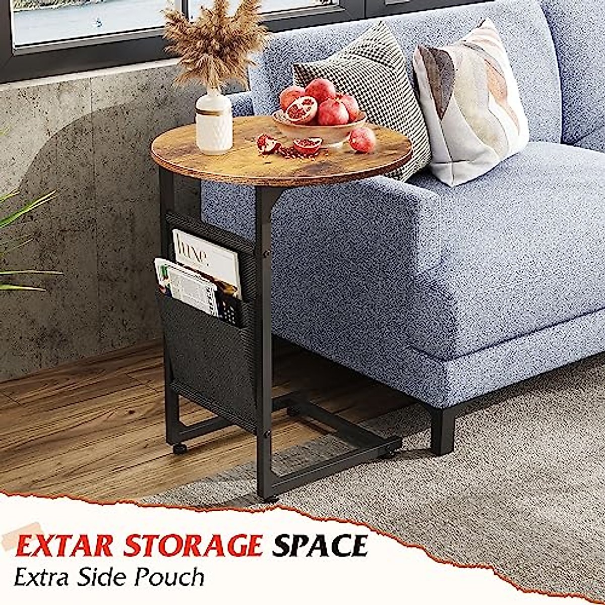 WLIVE Coffee Table, 2 in 1 Design Nesting Coffee Table with Side Pouch for Living Room, Small Round and Rectangular Living Room Table Set, Metal Frame and Wood Desktop,Easy Assembly, Rustic Brown