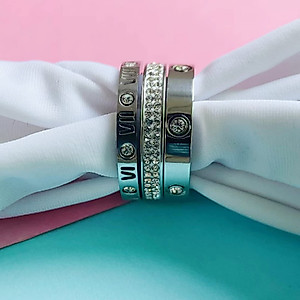 YIKOXI 3pcs Love Friendship Lucky Ring Cubic Zirconia Gold Ring Sets for Women Stainless Steel Wedding Statement Thumb Ring Bands (Silver, 8)