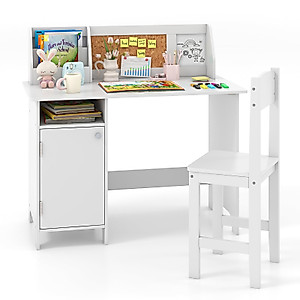 Costzon Kids Desk and Chair Set, Wooden Children Study Table with Storage, Hutch, Cork Bulletin Board, Whiteboard & Marker, Student Computer Workstation Writing Desk for Kids Bedroom, School, White