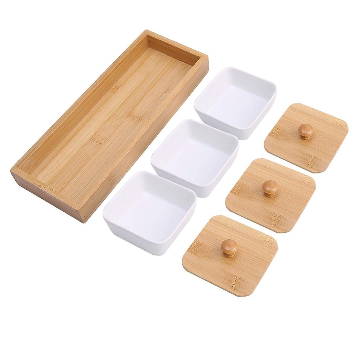 Ceramic Snack Serving Tray Compartment Serving Platter with Bamboo Lid and Pallets Removable Container Food Storage for Appetizer Condiments Nuts(3 Grid)