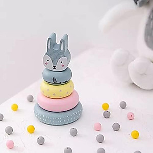 Wooden Stacking Toys for 2 3 4 Year Old, Unisex Toddler Toys, Baby Boy Toys, Montessori Toys for 2 3 4 Year Old, Rings Stacker, Educational Learning Stacking Tower, Wooden Toys (Rabbit Topper)