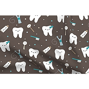 Spoonflower Fabric - Happy Teeth Large Brown Teal Dental Dentist Tooth Toothpaste Printed on Petal Signature Cotton Fabric by The Yard - Sewing Quilting Apparel Crafts Decor