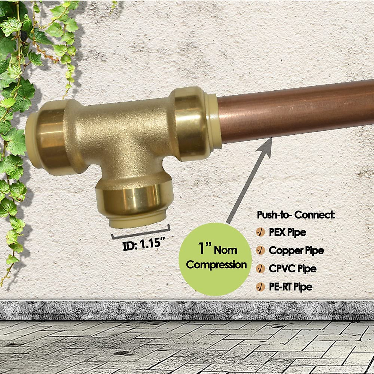 HQMPC 1" Pex fitting Push Fit Plumbing Tee, Push-to-Connect Plumbing Fittings, Brass Pipe Connector T Fittings for Copper, PEX, CPVC, No Pb (2pcs, 1 Inch(1"))