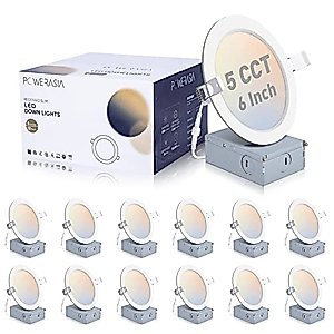 POWERASIA 12 Pack 6 Inch Ultra-Thin LED Recessed Ceiling Light with Junction Box, 5CCT Dimmable 2700K/3000K/4000K/5000K/6000K,15W 1200lm Can Killer Downlight-ETL and Energy Star Certified