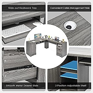 Tangkula 66" × 66" L-Shaped Desk, Corner Computer Desk with Drawers Keyboard Tray and Storage Cabinet, Home Office Desk, Sturdy and Space-Saving Computer Workstation