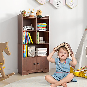 Costzon Kids Toy Storage Cabinet, 43.5" Tall Bookcase w/ 5 Open Compartments & 2 Doors, Multifunctional Display Shelf Home Organizer for Playroom, Nursery, Bedroom, Living Room, Study (Walnut)