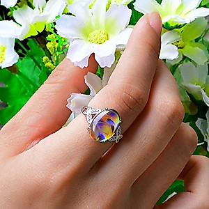 FUN JEWELS Opalescent Swirl Color Changing Oval Crystal Stone Brass Mood Ring Size Adjustable For Women