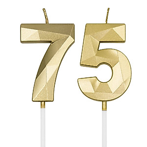 75th & 57th Birthday Candles for Cake, Gold Number 75 57 3D Diamond Shaped Candle Birthday Decorations Party Supplies for Women or Men