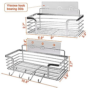 Shower Caddy Basket Shelf, Wall Mounted Bathroom Shower Storage Organizer with 4 Hooks, SUS304 Stainless Steel Adhesive Shower Shelf for Bathrooms, Toilets, Shower Room, Kitchen - 2 Pack