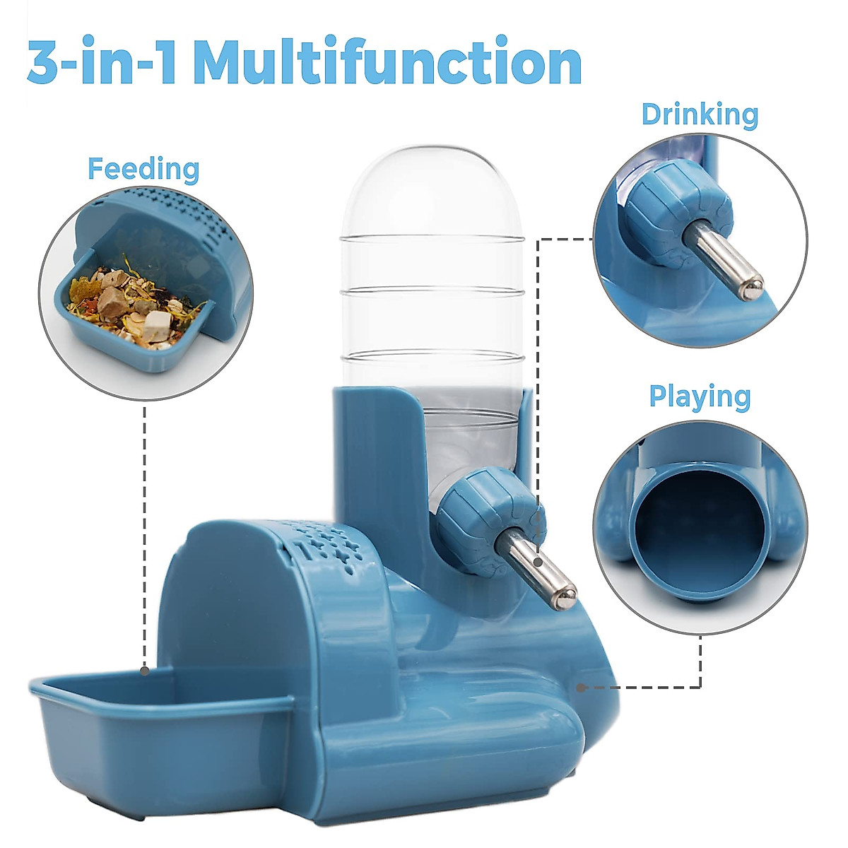 VANNON 3 in 1 Hamster Water Bottle No Drip Small Animal Water Bottle Automatic Bottle Dispenser with Food Container Base Hut and Hideout Base 4oz/120ml,Leekproof, BPA Free