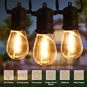 tomvorks Outdoor String Lights 48FT 15+3 ABS Plastic Bulbs, LED Lights Heavy-duty Patio Lights IP65 Waterproof, 2700K, 100LM Warm White Light, Decorative Cafe Patio Lights for Bistro Garden