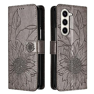 SATURCASE Case for Samsung Galaxy Z Fold 5, Sunflower Embossing PU Leather Flip Magnet Wallet Card Slots Protective Cover for Samsung Galaxy Z Fold 5 (HE-Gray)
