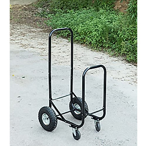 Gardenised Black Firewood Rack Outdoor Indoor, Heavy Duty Firewood Carrier with Front Wheels Wood Fireplace Tool Rack, Rolling Storage Cart Cover Included