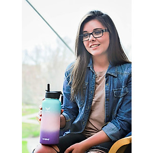 Vmini Water Bottle with New Wide Handle Straw Lid, Wide Mouth Vacuum Insulated 18/8 Stainless Steel, 4 Straws and 2 Brushes, 32 oz, Gradient Mint + Blue