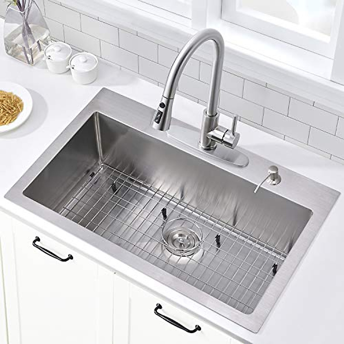 33-inch Drop In Kitchen Sink Stainless Steel -VOKIM 33 Inch Topmount Drop-in Single Bowl Handmade Stainless Steel 16 Gauge Kitchen Sink, With Dish Grid and Basket Strainer,Soap Dispenser