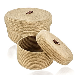 7Penn Jute Baskets - 2pc Round Decorative Natural Jute Rope Woven Storage Basket Set with Lids and Leather Tab Handle