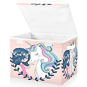 Kigai Unicorn & Girl Pink Storage Baskets for Shelves Foldable Closet Basket Storage Bins with Lid for Clothes Home Office Toys Organizers