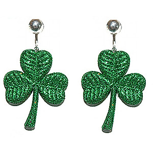 Large Green Glitter Shamrock St Patrick's Day Clip On Earrings (H040clip)