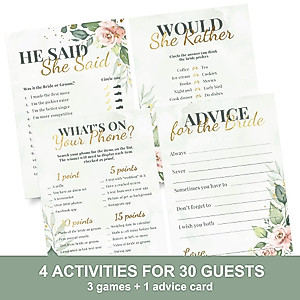 Bridal Shower Games + Advice Cards - For 30 Guests - 4 Activities on Double Sided Cards Includes 3 Games + 1 Advice Card - Greenery Floral Wedding Shower Games With Gold Metallic Details. Set of 4