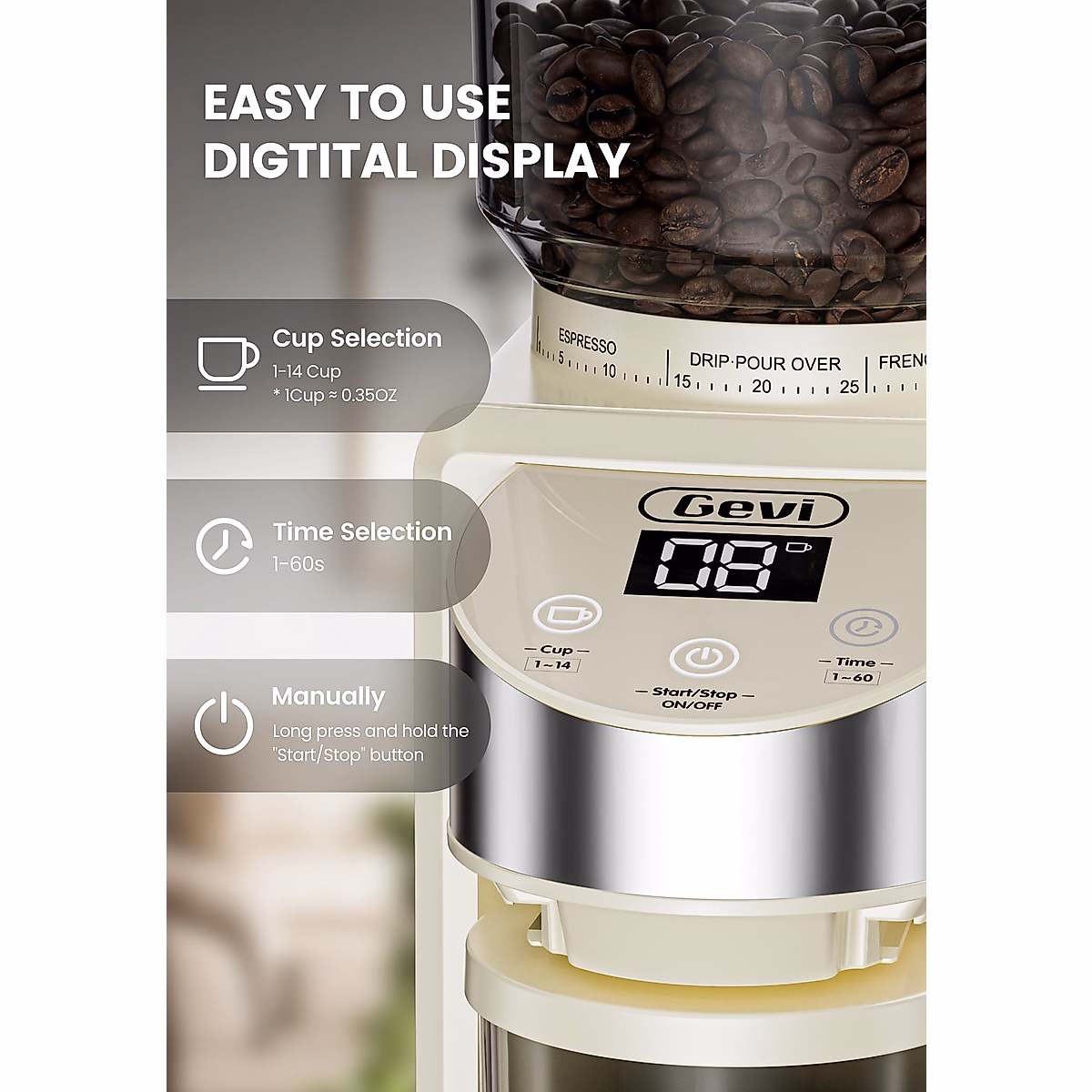 Gevi Electric Burr Coffee Grinder with 35 Grind Settings for Espresso, Drip, French Press - 120V