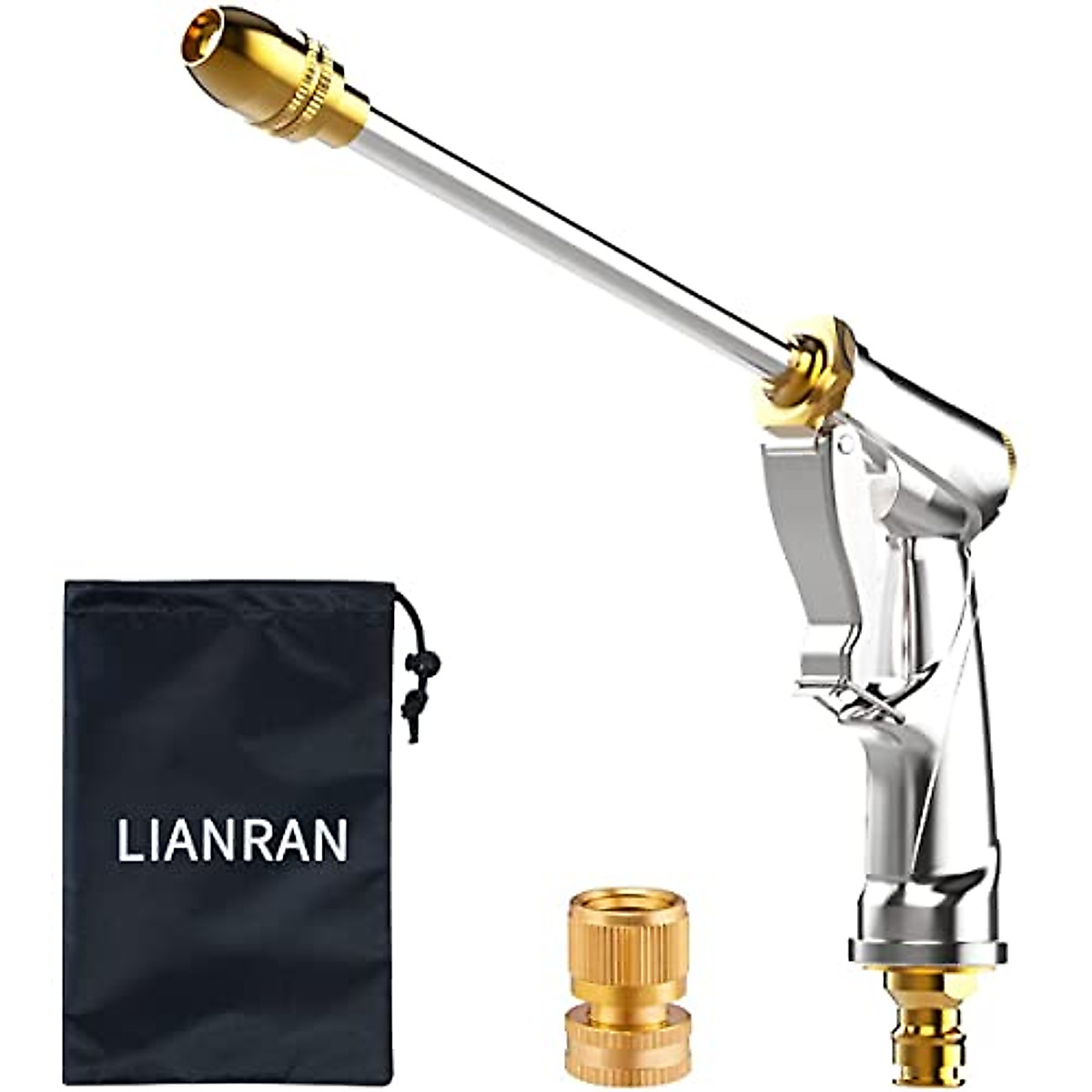 Upgrade Long Rod Garden Hose Nozzle High Pressure 360° Rotaing Brass Metal Water Adjustmen Sprayer Gun for Car Washing, Plants and Lawn, Patio Gardening, Pets Shower (Hose Nozzle + Quick Connector)