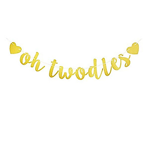 Oh Twodles with Two Gold Hearts Banner, Vintage Sign Garland for Baby Boys/Girls' Second Birthday Party Supplies, Babies' 2nd Birthday Party Decoration