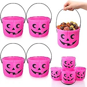 Jenaai 4 Halloween Trick or Treat Buckets Halloween Pumpkin Buckets Halloween Party Favors Pumpkin Face Candy Basket Plastic Pail Candy Bowl Holder with Handle or Party Decoration (Pink)