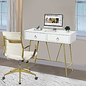 Anmytek Modern Home Office Desk, 35.4 Inch Makeup Vanity Table White Study Desk 2 Drawers Writing Desk Computer Desk with Golden Legs, D0002