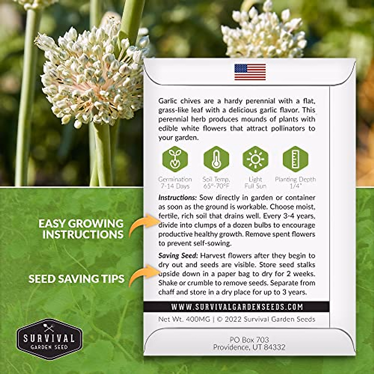 Survival Garden Seeds - Garlic Chives Seed for Planting - Packet with Instructions to Plant and Grow Delicious Perennial Herbs in Your Home Vegetable Garden - Non-GMO Heirloom Variety