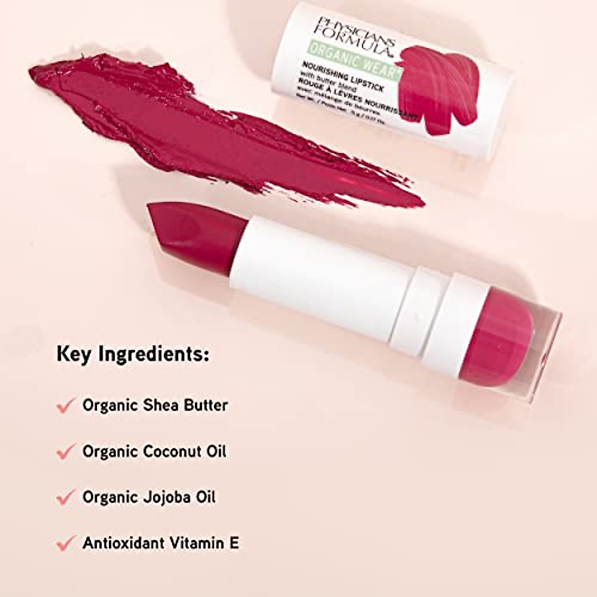 Physicians Formula Organic Wear All Natural Lipstick, Raspberry Crush, Nourishing, Dermatologist Approved, Gluten Free,
