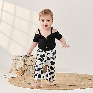 Lefyira Cow Print Bell Bottoms Baby Girl Off Shoulder Short Sleeve Romper Rib Knit Button Bodysuit Flare Pants Headband Outfit (Black, 18-24 Months)