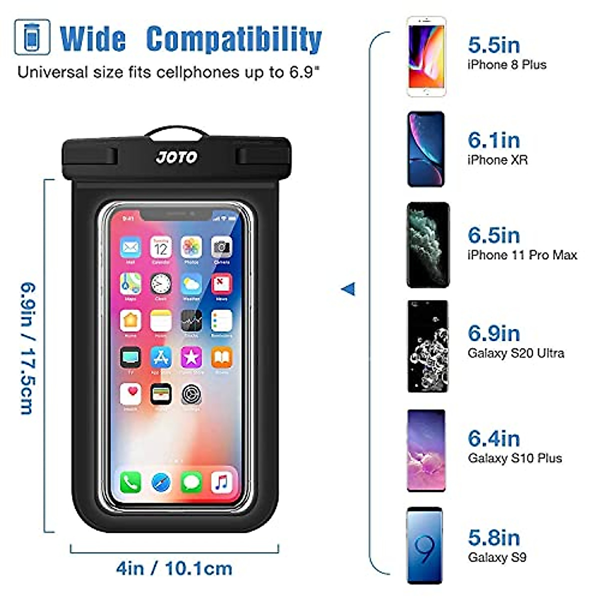 JOTO (2 Pack Universal Waterproof Pouch for iPhone 11 Pro Max, Galaxy S20 Note 10+ up to 6.9" Bundle with (2 Pack) Floating Strap