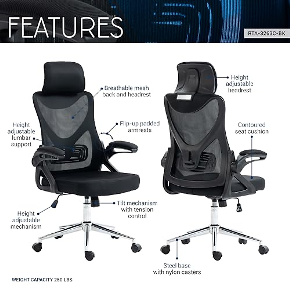 Techni Mobili Essential Ergonomic Office Chair with Lumbar Support & Adjustable Headrest – Breathable Mesh Office Chair with Flip-Up Armrests, Durable Chrome Base - Black