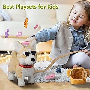HCdoujoy Corgi Walking Dog Barking Toy, Musical Singing Dancing Dog, Volume Control Interactive Puppy Walk Along with Leash, Wagging Tail Shaking Head, Electronic Dog Stuffed Animal Puppy for Kid