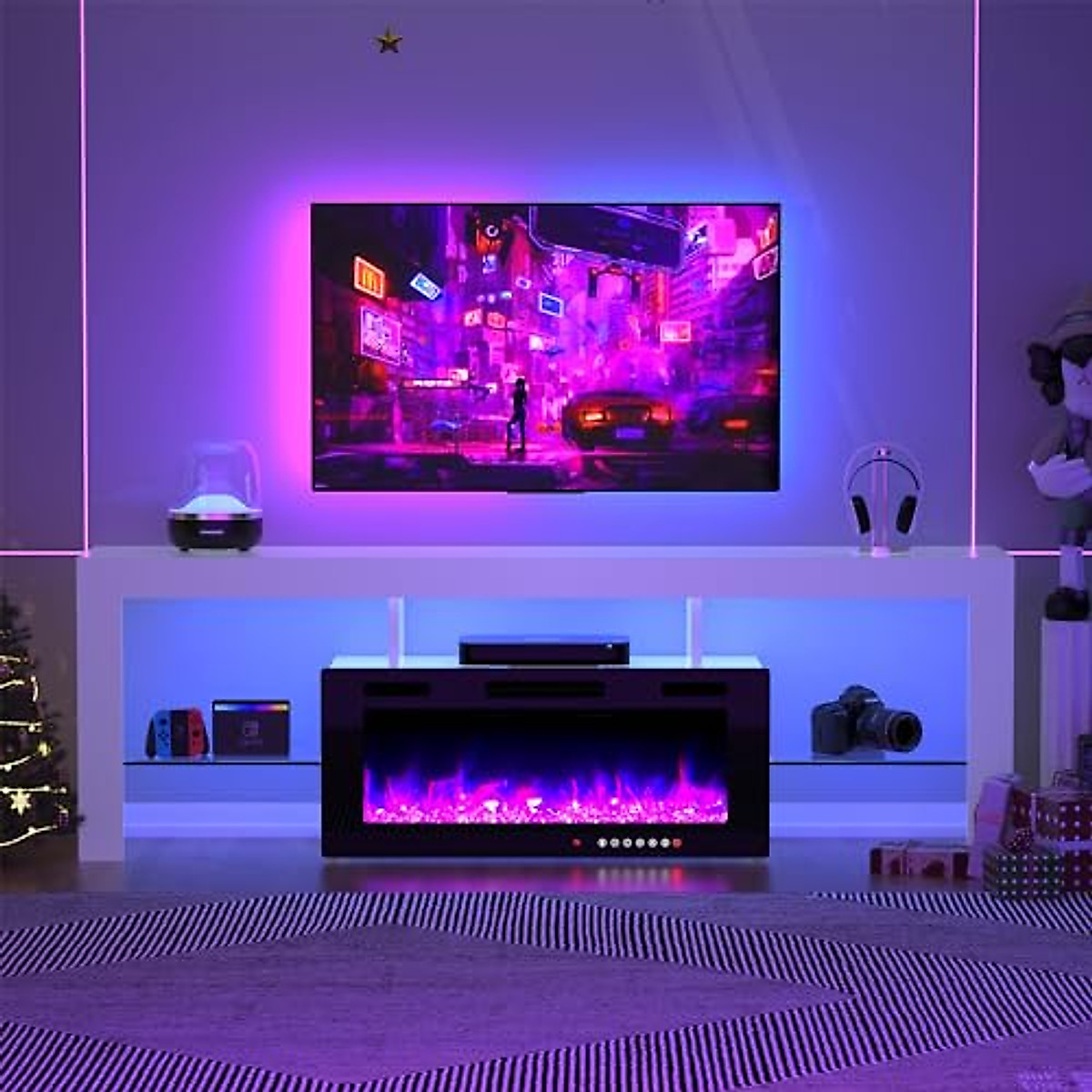 MU Modern 70" TV Fireplace Stand with 12-Color LED Lights & 12-Color Flame, High Gloss Floating Fireplace Entertainment Center with 36" Electric Fireplace (White, 70" TV Stand)