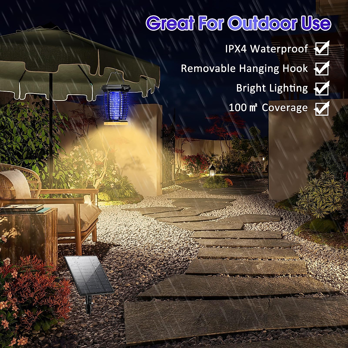 PALONE Solar Bug Zapper Outdoor, 3 in 1 Mosquito Zapper with 3.5m Extended Solar Panel, 4500V Electric Bug Zapper Indoor, Fly Zapper with 7 Lighting Modes for Outdoor Courtyard Backyard Garden