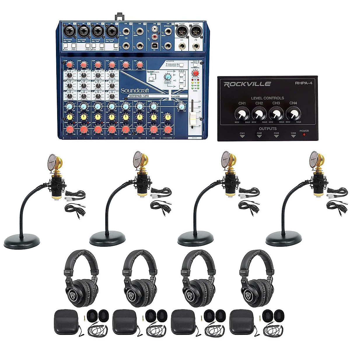 Soundcraft Notepad-12FX Mixer w/USB Interface Bundle with PRO-M50 Headphones w/Coil Cable, RCM02 Recording Mic+Shock Mount, RDMS6 Desktop Mic Stand+ Base and RHPA4 Headphone Amp Stereo (14 Items)