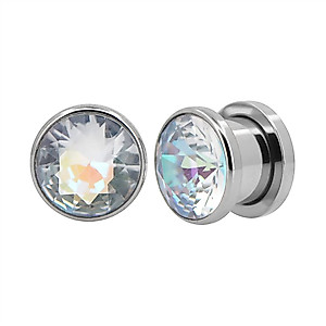 blue palm jewelry Pair of 00 Gauge Clear CZ Prong Fit 316L Surgical Steel Screw Fit Double Flared Tunnels FE71