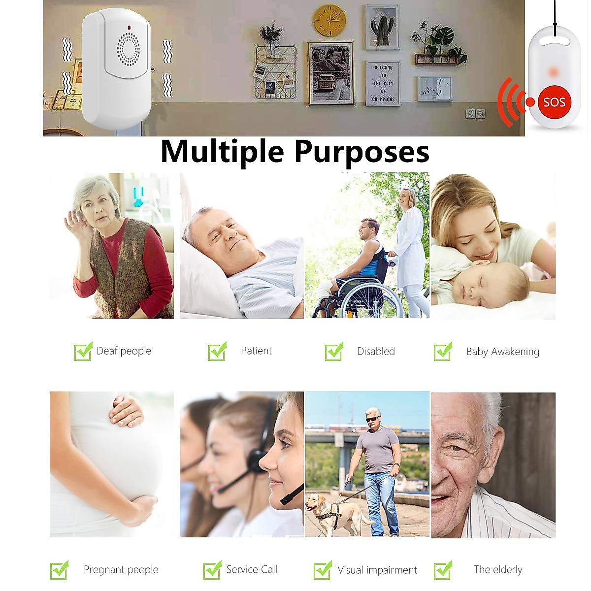 Caregiver Pager Wireless Call Button System Personal Alert Panic Button for Home Elderly Nurses Calling System with Pager and Emergency Button (1Receiver+1Button)