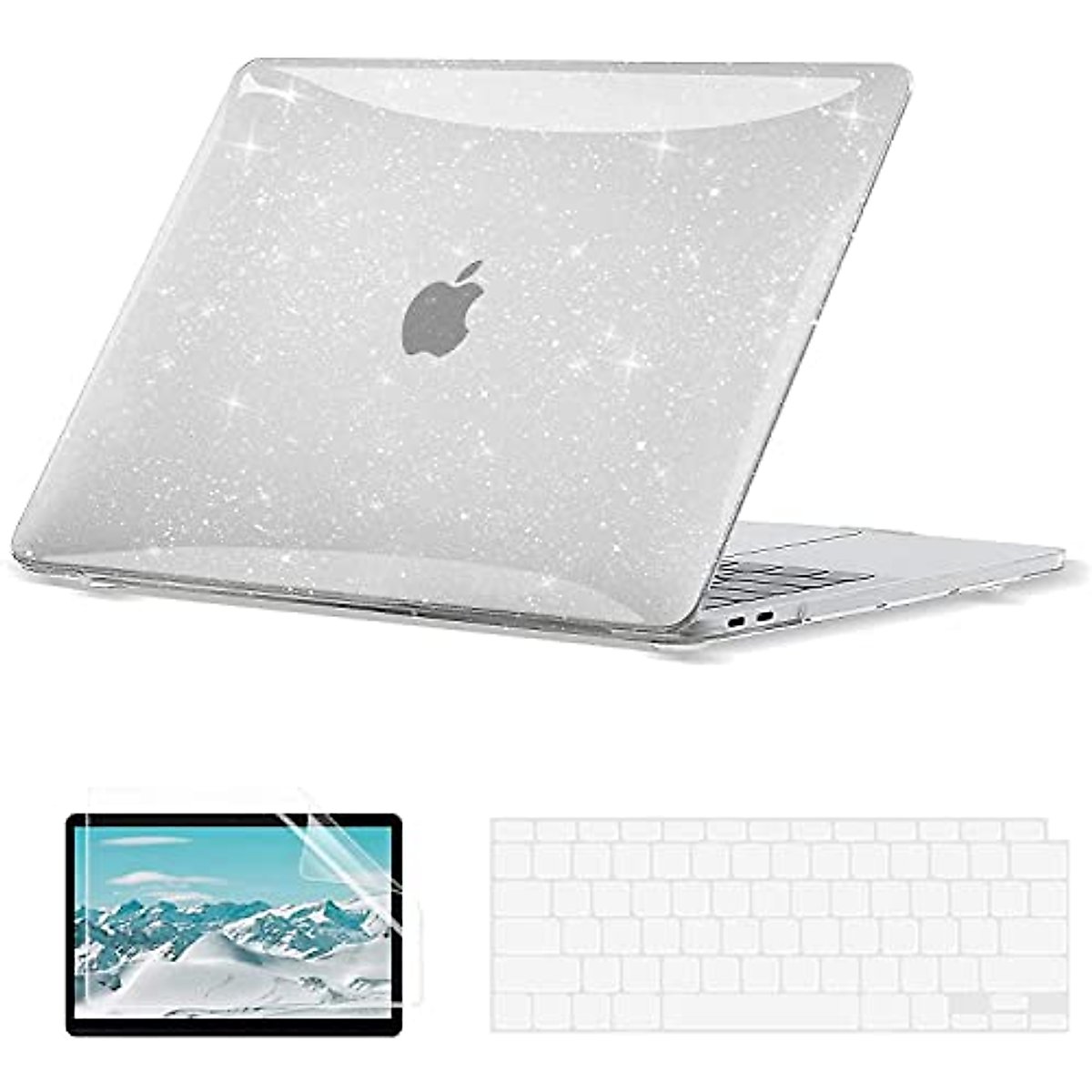 EooCoo Glitter Hard Case Compatible with MacBook Air 13 inch Case 2021 2020 2019 2018 M1 A2337 A2179 A1932 with Retina Display Touch ID, Case + TPU Keyboard Cover + Screen Protector - Sparkly Clear
