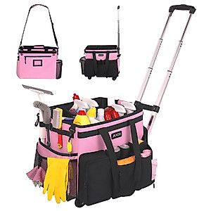 JKAOO Large Rolling Cleaning Caddy Bag with Detachable Trolley, Waterproof Cleaning Caddy on Wheels for Housekeepers, Cleaning Cart Supplies Organizer for Home,Car,Office,Picnic (Pink) (in Patent)