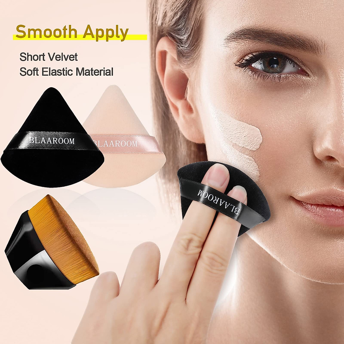 4+1 Pcs Velour Triangle Powder Puff and Kabuki Foundation Brush for Face Makeup Eyes Contouring Bod for Mixed Liquid Cream Flawless Loose Powder Cosmetic Foundation Makeup Tool Black & Nude