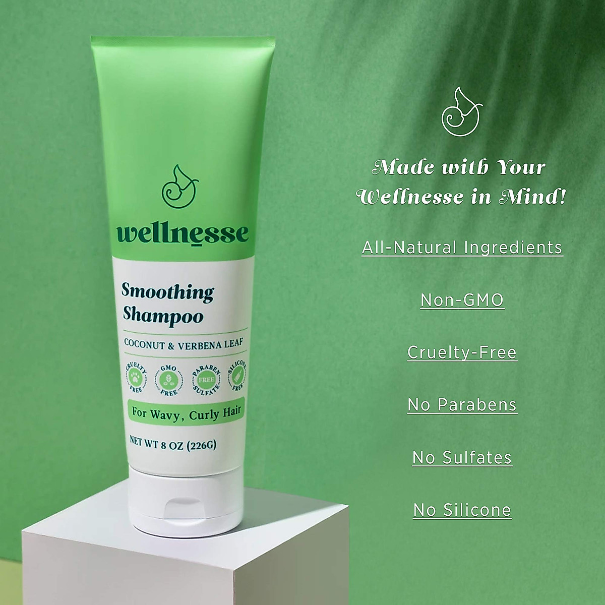 Wellnesse: Smoothing Shampoo - For Wavy, Curly Hair - 8 oz - Coconut and Verbena Leaf - Moisturizing, Curl Active Formula - Cruelty-Free, Non-GMO, No Parabens, Sulfates, Silicone